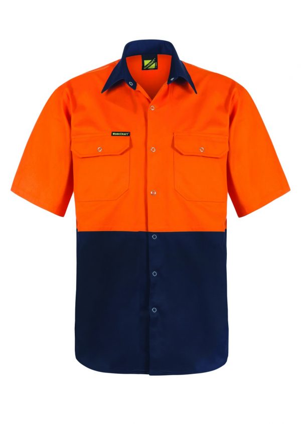 HI VIS SHORT SLEEVE COTTON DRILL INDUSTRIAL LAUNDRY SHIRT WITH PRESS ...